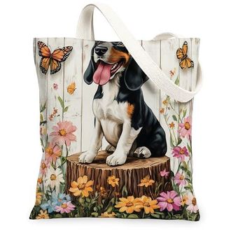 Generic Sac fourre-tout en toile motif chien coonhound printanier 33 x 38,1 cm, motif souche de bois floral, sac d&eacute;picerie r&eacute;utilisable pour femme, peinture d