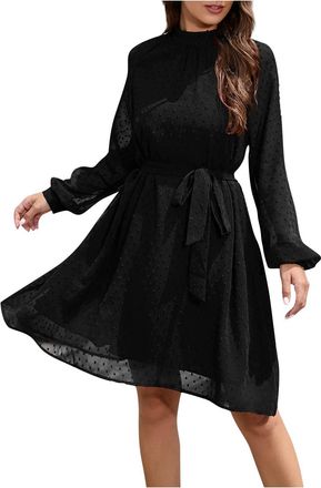 Generic Damen Kleid Sexy Damen Kleidung Kostüm Damen Kleid Chiffon Einfarbig Knielang Kleid mit Gürtel Hohe Taille Tunika Abendkleid Swing A-Linie Kleid (Schw