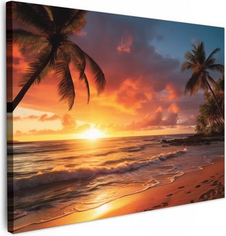 MuchoWow &copy; Wandbilder 80x60 cm Schlafzimmer Home Deko Wohnung Bild Wohnzimmer Fotoleinwand Wand Bilder Leinwand Wall Decor Sonnenuntergang - Palmen - Strand - 