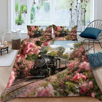 Generic Bettw&auml;sche 135x200 Dampflokomotive Bettw&auml;sche Sets Eisenbahnverkehr Bettenset 3D Druck Weich Microfaser Kinderbettw&auml;sche mit Rei&szlig;veschluss und 2 Kisse