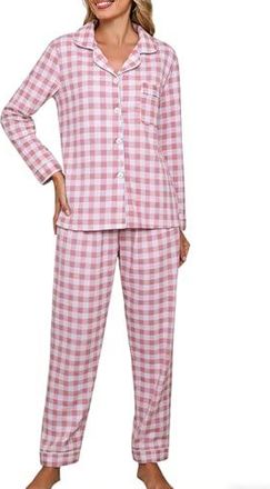 Minetom Ensembles de Pyjama Femme 2 Pi&egrave;ces Bouton V&ecirc;tements de Nuit &Agrave; Carreaux Manches Longues Col V Chemise et Pantalon Style A 34