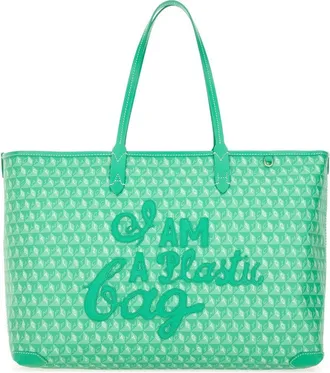 Anya Hindmarch Womens Tote Bag With I Am A Plastic Pattern Green Cowhide - Bos Taurus Handbags Hand