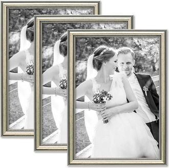 Photolini 3er Set Bilderrahmen Silber Barock Antik 21x30 cm DIN A4 Fotorahmen mit Glasscheibe/Kunststoffrahmen