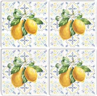 Queence Naturstein-Untersetzter 10x10 cm 4-TLG. Travertinstein mit Motiv (Zitronen Blau)