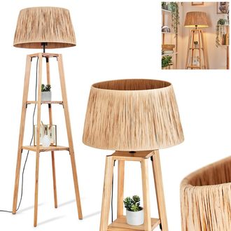 HOFSTEIN Stehleuchte Granja, Stehlampe aus Holz/Bast in Naturfarben, Leuchte im skandinavischen Design, runder Schirm (Ø 45 cm), Ablageflächen u. Fußschalter, 