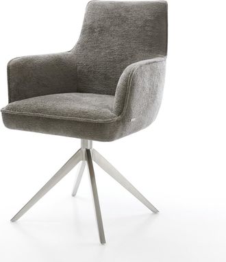 DELIFE Drehstuhl Heira-Flex mit Armlehnen Boucl&eacute; Soft Schlamm Kreuzgestell breit Edelstahl 360&deg; drehbar Wippfunktion Taschenfederkern, Esszimmerst&uuml;hle