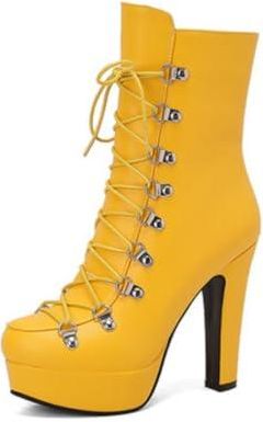 Generic Bottes Femme Cheville À Lacets Plateforme Similicuir Talons Aiguilles Hauts Semelle Antidérapante Durable Chaussures Confortables Mode Élégantes,Jaune