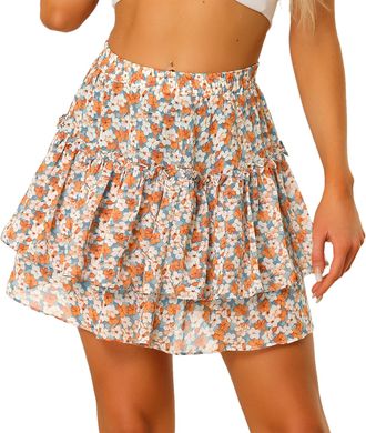 Allegra K Damen Blumenrock Sommer Hoher Taille A Linie Ruffle Layered Kurz Minirock Rock Gr&uuml;n Orange XL