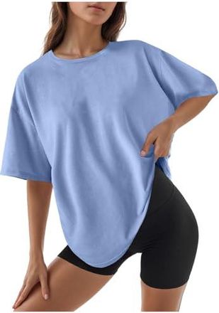 Generic T-shirt pour femme &agrave; col rond, haut basique moulant, manches courtes, t-shirt d&eacute;t&eacute;, t-shirt classique, bleu, XXL
