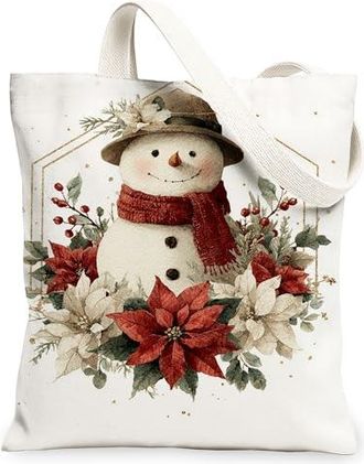 Generic Sacs fourre-tout en toile motif bonhomme de neige r&eacute;utilisables, sacs de courses vintage de No&euml;l l&eacute;gers et lavables en toile pour salle de sport, voya