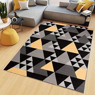 Tapiso Maya Tapis Poil Court Moderne Jaune Gris Noir G&eacute;om&eacute;trique Motif Mosa&iuml;que Triangle Tapis Salon Chambre Salle &agrave; Manger Adulte Bureau Oeko-TEX R&eacute;sistant 