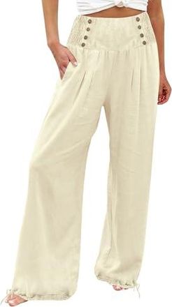 Generic Pantalon en Lin Ete Femme D&eacute;contract&eacute; Fluide Pantalon Ample D&eacute;contract&eacute; en Coton et Lin pour Femmes Couleur Unie Boutons Linen Pants Women Ample L&eacute;ger