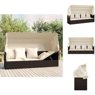 vidaXL Outdoor-Loungebett mit Dach und Kissen Braun Poly Rattan - Outdoorm&ouml;bel - Lounge Bett - Sonnenschirm - Gartenm&ouml;bel - Poolbereich