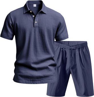 Generic 2 Teiler Herren Sommer Leinenanzug Trainingsanzug Herren Baumwolle Leinen Einfrabige Musselin Button Revers Hemd Und Shorts Set Sportanzug Tracksuit L