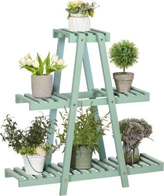 OUTSUNNY 3-Etagen Pflanzenständer, 76cm hoch Blumenständer für Innen Außen, Pflanzenregal aus Holz, mehrstöckig Blumenregal Blumentopfständer für Wohnzimmer, G