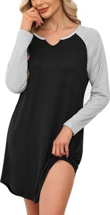 Ekouaer Chemise de Nuit Femme Manches Longues V&ecirc;tements de Nuit &agrave; Couleurs Contrast&eacute;es Col en V Hiver Noir XXL
