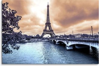 Paul Sinus Art 120x80cm Leinwandbild auf Keilrahmen Paris Eiffelturm Seine Brücke Winter Wolken Wandbild auf Leinwand als Panorama