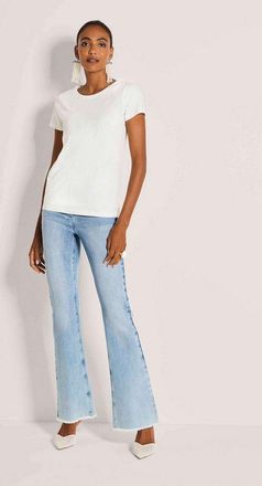 Madeleine Kurzarmshirt Elegantes Shirt mit Glanzakzenten, Rundhals Ton-in-Ton Shirt mit Ziersteinen tailliert, Baumwollstretch