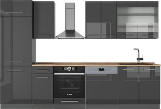 Vicco Küchenzeile Fame-Line, Anthrazit Hochglanz, 300 cm, AP Eiche