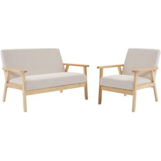 Sweeek 2-Sitzer-Banksofa + Sessel aus Cord-Bezug, Holzbeine, Cord, Creme