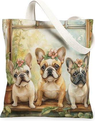 Generic Sac fourre-tout en toile motif bouledogue fran&ccedil;ais printanier 33 x 38,1 cm, sac r&eacute;utilisable &agrave; motif imprim&eacute; de plantes en pot pour femme, animal de c