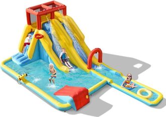 Costway Aufblasbare H&uuml;pfburg mit Langen Doppelrutschen Kletterwand und Wasserkanone, Spielpool Wasserspielcenter Rutsche, Wasserpark Planschbecken 622 x 335