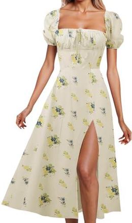 Generic Robe amincissante d&eacute;t&eacute; 2026 pour femme, style fran&ccedil;ais, couleur unie, mince, confortable, imprim&eacute;, jaune clair, XXL