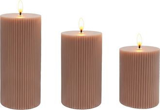 Relaxdays LED Kerzen, 3er Set, 3 Gr&ouml;&szlig;en, flackernde Flamme, Echtwachs, mit Rillen, flammenlose Elektrokerzen, Altrosa