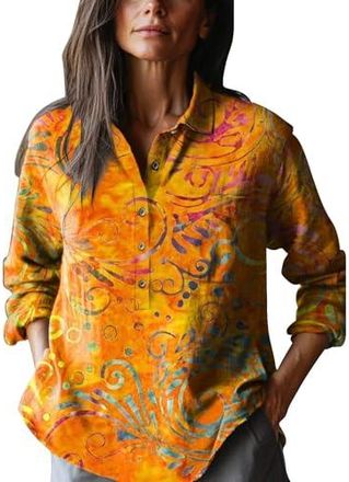 Generico Chemise Femme &Eacute;l&eacute;gant &agrave; Manches Longues Chemisier en Lin Coton D&eacute;contract&eacute; Grande Taille T Shirt Col en V L&eacute;ger Chemises Vintage Imprim&eacute; avec Boutons 