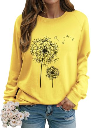 Dresswel Damen L&ouml;wenzahn Sweatshirt Langarmshirt Pusteblume Drucken Pullover Herbst Winter Bluse Tops Oberteile(Gelb, 2XL)