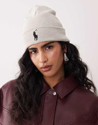 Polo Ralph Lauren Strickm&uuml;tze aus Baumwolle in Grau meliert mit Markenlogo