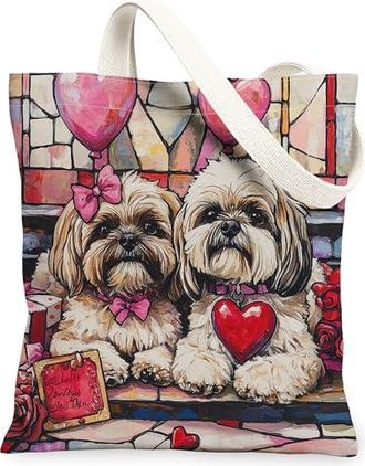 Generic Sac fourre-tout r&eacute;utilisable en toile avec motif chien malamute de lAlaska pour le shopping, 33 x 38 cm, motif chiot en vitrail pour femme, couple de 