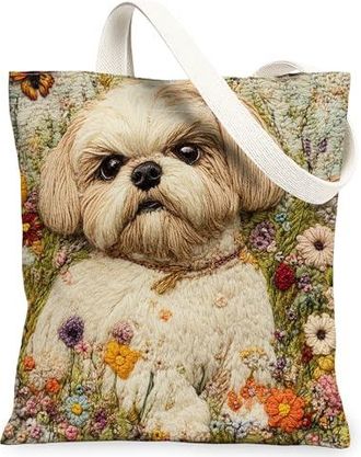 Generic Sac fourre-tout en toile motif chien Shih Tzu Spring Shih Tzu pour faire du shopping 33 x 38,1 cm, sac &agrave; bandouli&egrave;re r&eacute;utilisable pour femme, peinture