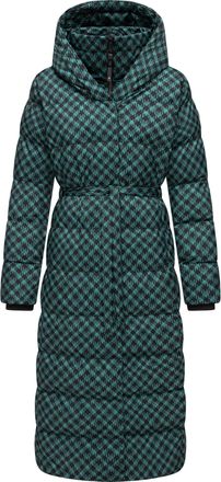 Ragwear Damen Wintermantel Warmer atmungsaktiver und wasserdichter Steppmantel lang mit angesagtem Hahnentritt Muster mit Kapuze Niara Long Print YOUMODO Ocea