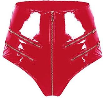 Generic Slip Femme Taille Haute Cuir PVC Haute Brillance Sexy Open File Shaping Zipper Short Taille Haute Sexy Boxer Femme dim (Red, XXL)