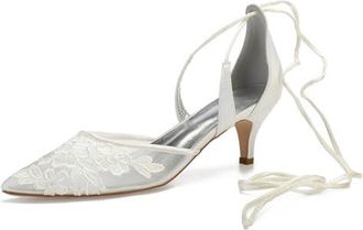 Generic Escarpins Femme Kitten Heels Mari&eacute;e Talons Bas Bout Pointu Lani&egrave;re Cheville Haut Sexy Heel Chaussures De Mariage 6Cm,Ivoire,36 EU
