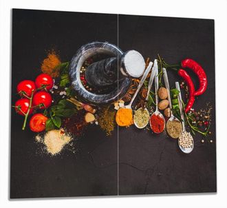 Wallario Herdabdeckplatte/Spritzschutz aus Glas, 2-teilig, 60x52cm, f&uuml;r Ceran- und Induktionsherde, M&ouml;rser mit Kr&auml;utern und Gew&uuml;rzen