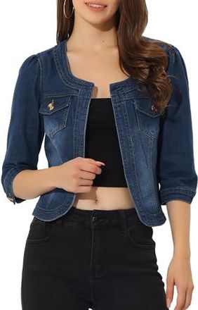 Allegra K Veste en Jean pour Femme Sans Col à Manches 3/4 Devant Ouvert Blouson en Demin Délavé Bleu foncé XL