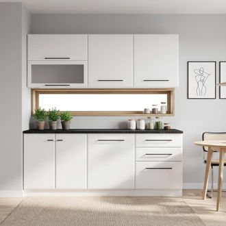 Homestyle4u K&uuml;chenzeile 200 cm in Wei&szlig; & Schwarz, K&uuml;chenm&ouml;bel mit Arbeitsplatte, Geschirrsp&uuml;lernische, H&auml;ngeschr&auml;nken, viel Stauraum ohne Elektroger&auml;te ideal f&uuml;r 