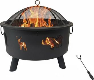 Relaxdays Relaxdays Feuerschale, &Oslash; Schale 64 cm, Funkenschutz, Sch&uuml;rhaken, Stahl, Tier-Design, Feuerstelle Garten, schwarz