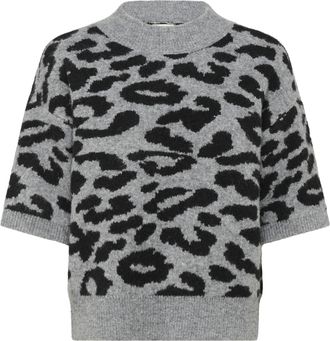 Kaffe Damen Womens Crew Neck Half Sleeves Animal Print Casual Fit Rib Edges Pullover, Lgm/Black Leopard, XL