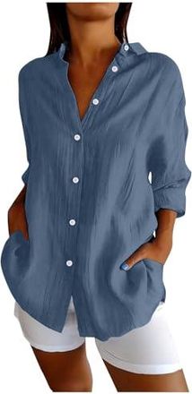 Generic Chemise &agrave; manches longues en lin pour femme tendance d&eacute;t&eacute; &agrave; revers boutonn&eacute; 2025 chemisiers classiques en coton et lin coupe ample tenues de gaze pour