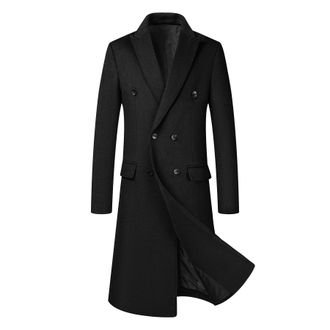 AlltheMen Herren Zweireihiger Warmer Mantel Langer Trenchcoat Winterjacke Wolle Slim Fit Business Schwarz XS
