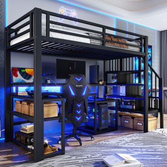 Elbe Lit Superpos&eacute; 90x200 cm avec Bureau et Escalier de Rangement - Structure Fer, Barri&egrave;re de S&eacute;curit&eacute;, LED et Port USB - Noir (Sans Matelas)