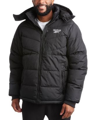 Reebok Herren Pufferjacke - Schwerer gesteppter Parka mit Kapuze - wetterfeste Ski-Winterjacken f&uuml;r Herren, Schwarz, Large