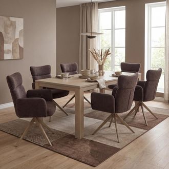 Mendler 6er-Set Esszimmerstuhl HWC-N11, Stuhl, drehbar Auto-Return Stoff Boucl&eacute; 350g/m&sup2; &Ouml;ko-Tex - Dunkelbraun, Beine Holz-Optik