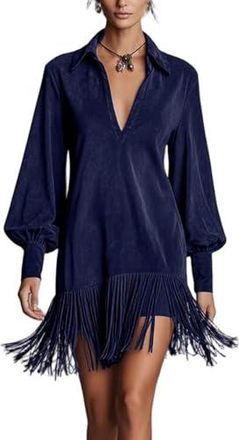 Generic Robe d&eacute;contract&eacute;e &agrave; manches longues et col en V avec franges et poches pour femme, bleu marine, XXL