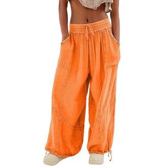 Generic Pantalon de surv&ecirc;tement ample taille haute pour femme avec poches multiples, Orange, S