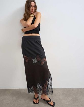 Topshop Jupe longue droite avec empi&egrave;cement en dentelle - Marron et noir
