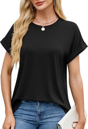 OLIPHEE T-Shirt Femme Manches Courtes Tee Shirt Femme Tshirt Couleur Unie Manches Retroussées Pliées Tshirt Casual Classique Basique T Shirt Femme Tunique Fem